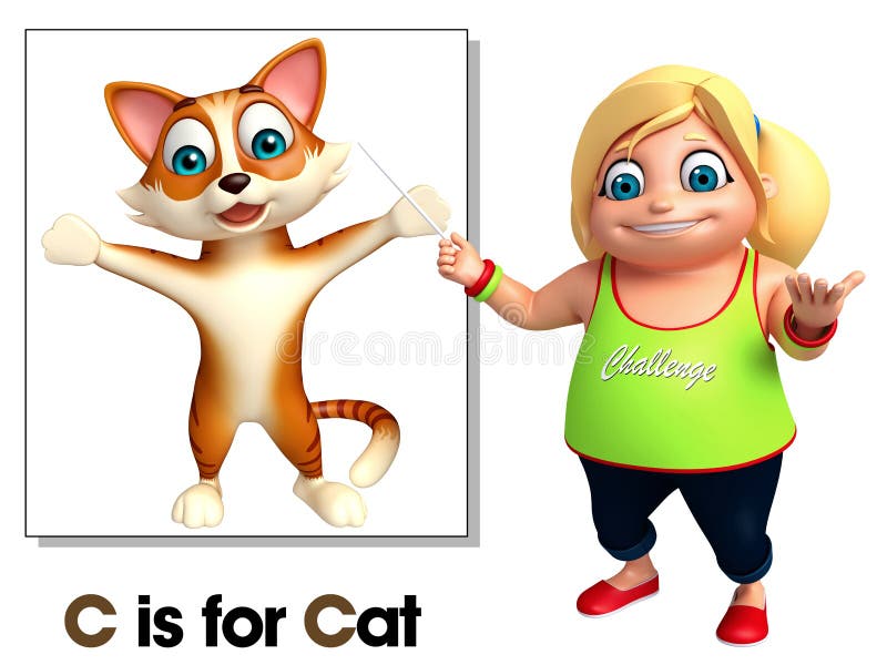 Kid Girl pointing Cat stock illustration. Illustration of kitten - 77541980
