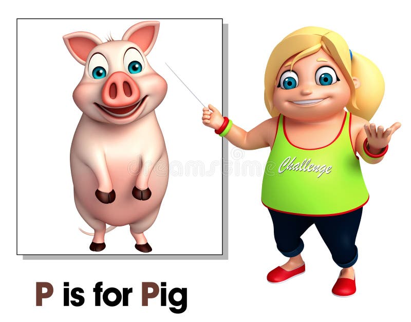 Kid girl pointing Pig stock illustration. Illustration of animal - 77547006