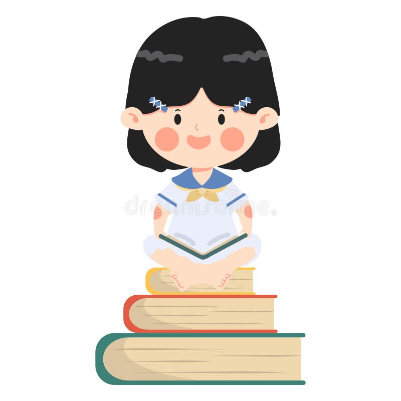 Kid Girl Sitting Stack of Books Stock Vector - Illustration of ...