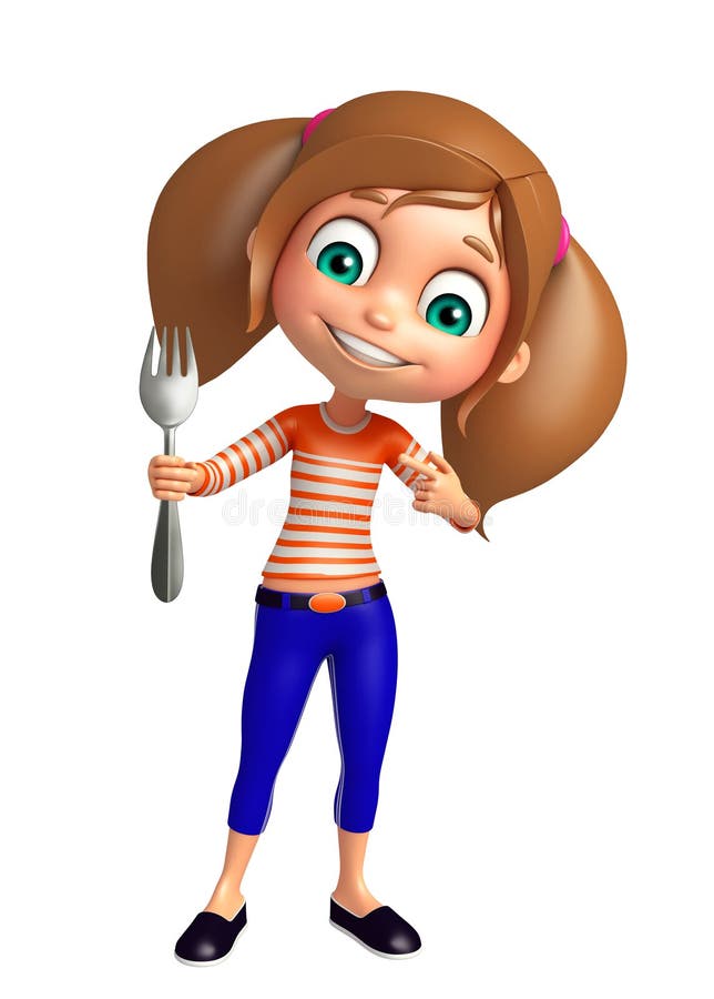 A Girl with Spoon and Fork Going To Eat Foods. Stock Vector ...