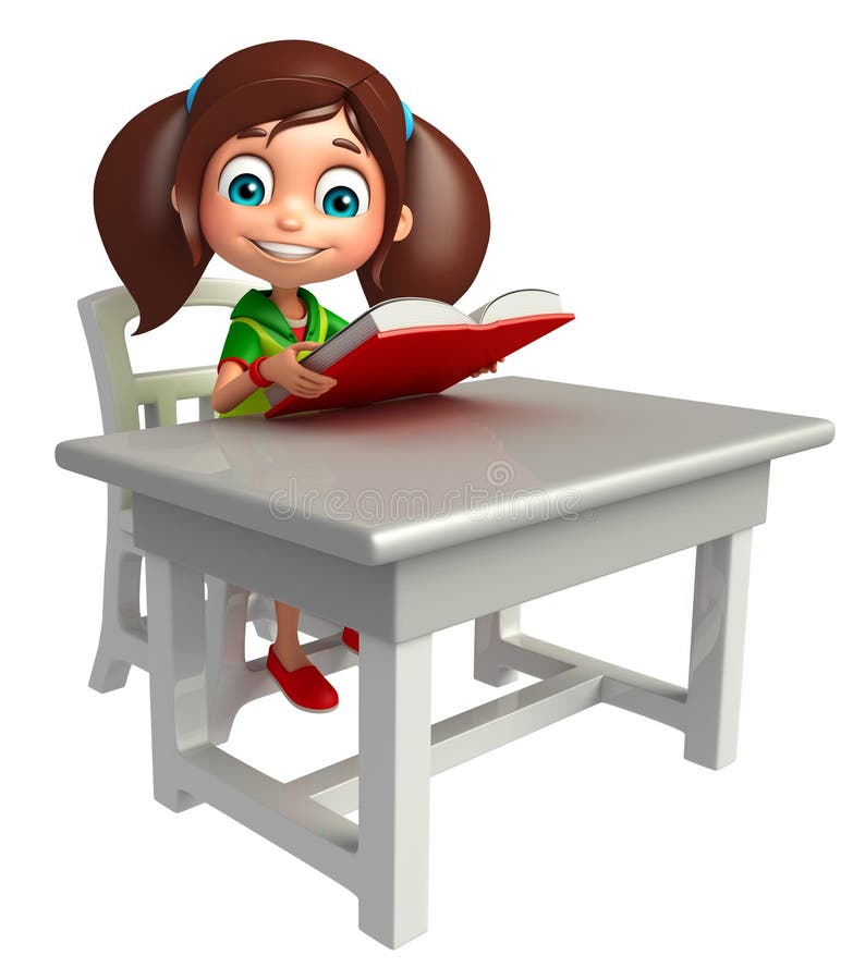 Kid Girl with Table Chair Book Stock Illustration - Illustration of ...
