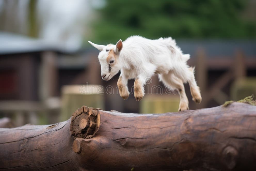 Kid Goat Making a High Jump Over Log Stock Illustration - Illustration ...