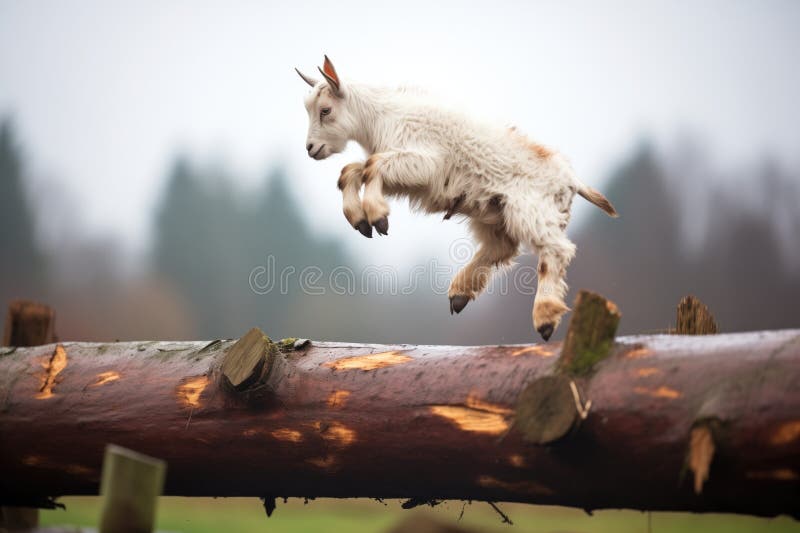 Kid Goat Making a High Jump Over Log Stock Illustration - Illustration ...