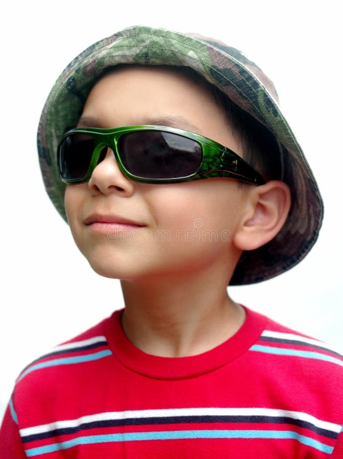 Kid With Green Sunglasses And Camo Hat Stock Image - Image of trendy ...