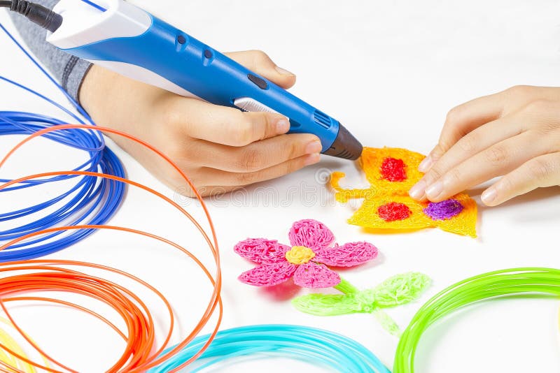 Kid Hand Holding Blue 3d Printing Pen and Making New Item Stock Photo ...