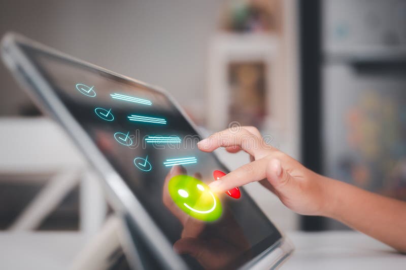 Kid Hand Using Tablet To Give Review, Opinion and Feedback To Survey ...