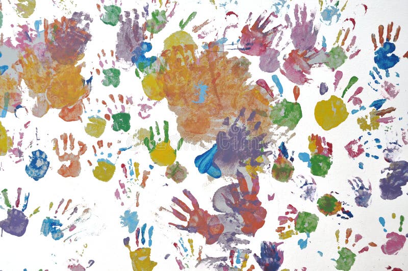 Color Handprint Diversity on Concrete White Wall Stock Image - Image of ...