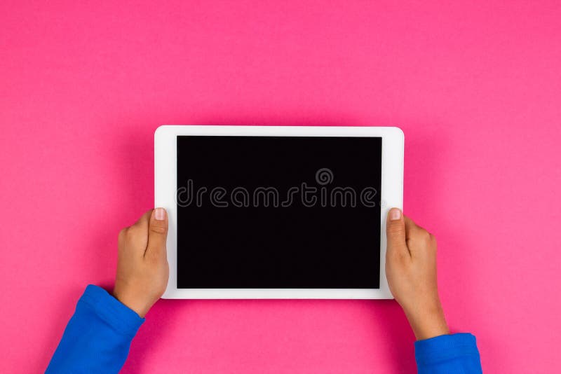 Kid Hands with Tablet Computer on Yellow Background Stock Photo - Image ...