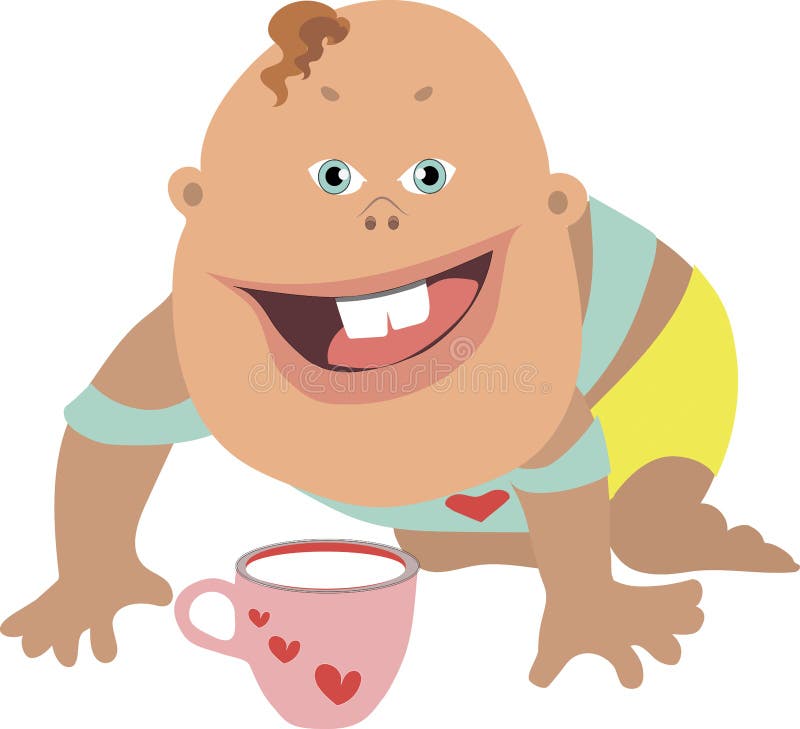 The Kid Has Fun, Smiles and Enjoys a Cup of Milk. Stock Illustration ...