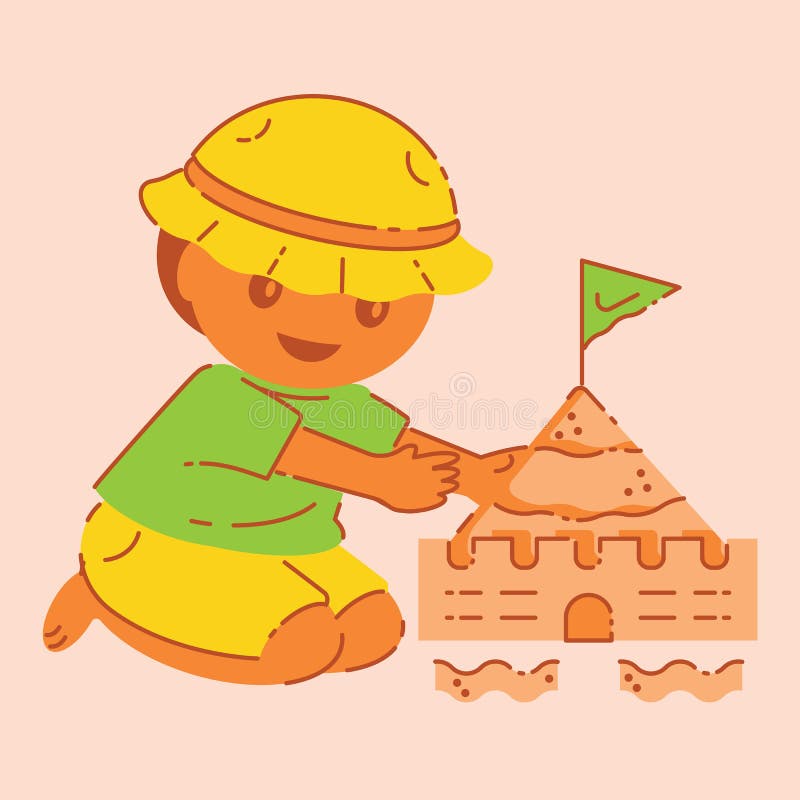 Kid with Hat Build Sandcastle Stock Vector - Illustration of flat ...