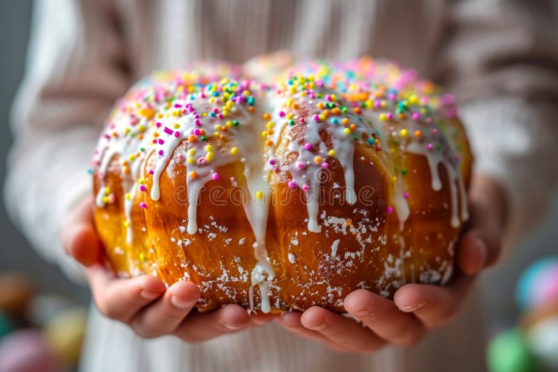 Kid Holding in Hands Easter Cake Kulich Decorated with Dripping Icing ...