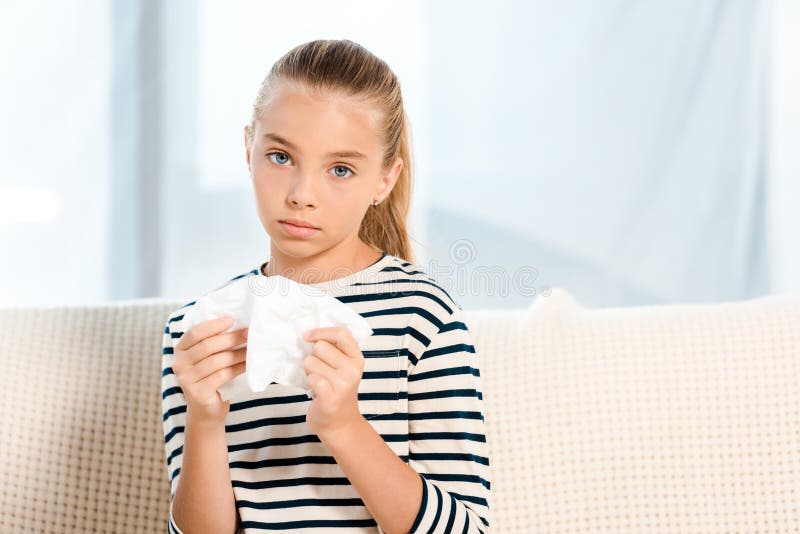 Kid Holding Tissue and Looking at Camera Stock Image - Image of ...