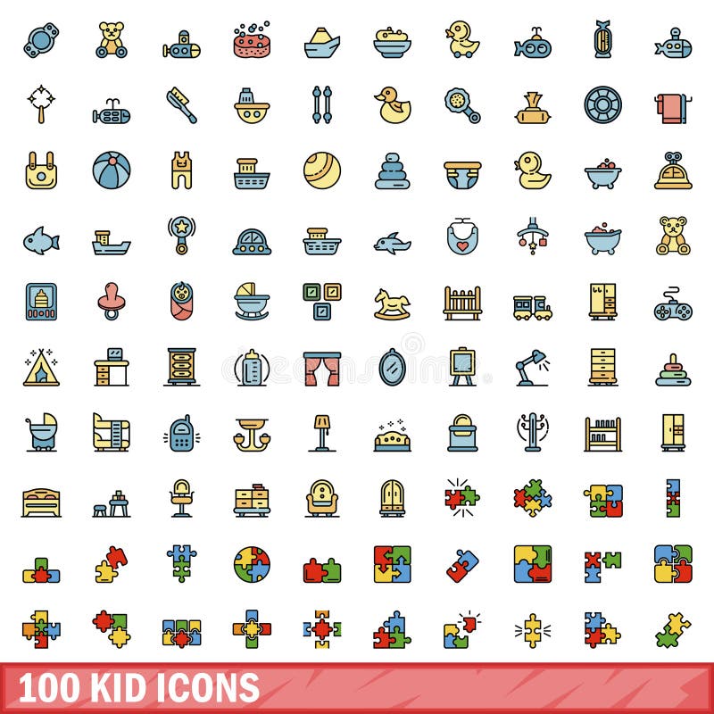 100 Kid Icons Set, Color Line Style Stock Vector - Illustration of baby ...