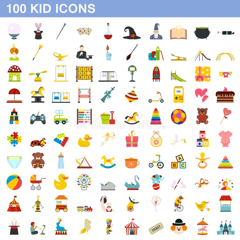 100 Kid Icons Set, Flat Style Stock Vector - Illustration of basket ...