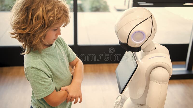 Kid Interact with Robot Artificial Intelligence, Tech Progress Stock ...
