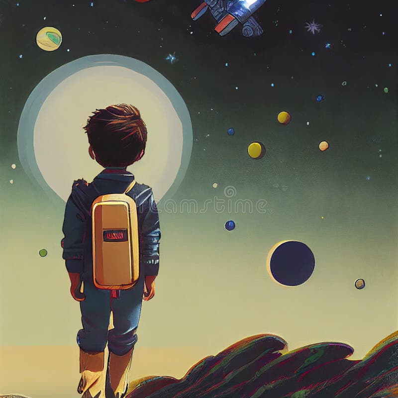 Kid with a Jetpack Looking at the Moon Stock Illustration ...