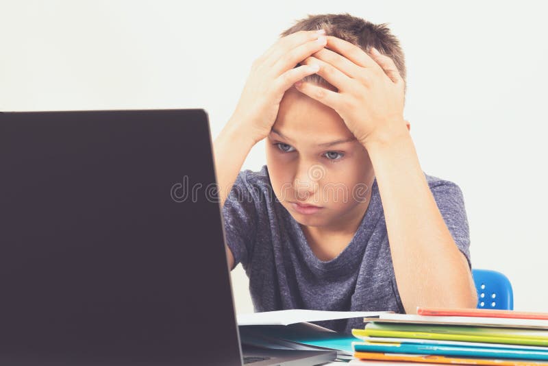 Kid with Laptop Computer Doing Homework at Home. Technology, Online ...