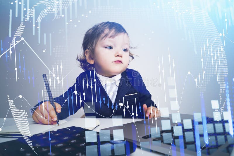 Kid with Laptop Writing a Note, Graph Changes and Network Connec Stock ...