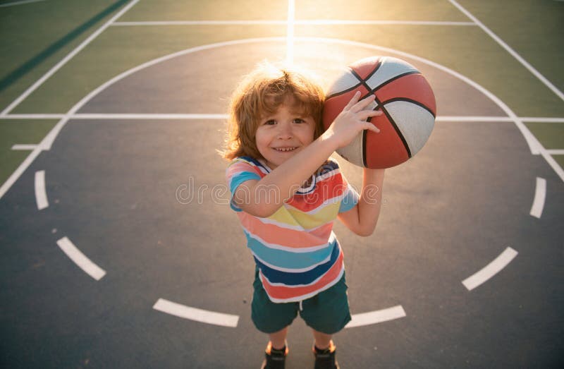 Kid Little Boy Playing Basketball with Basket Ball. Stock Image - Image ...