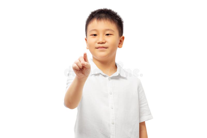 Kid Thinking and Looking Up with Finger on Chin Wearing Red Shirt Stock ...