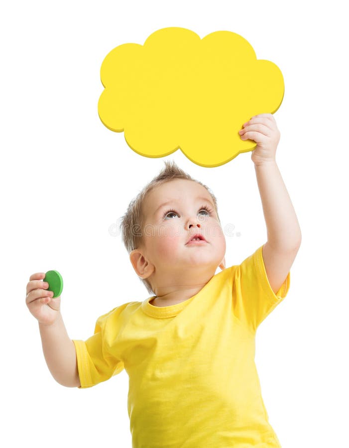 Kid Looking Up with Blank Yellow Cloud in Hand Stock Photo - Image of ...