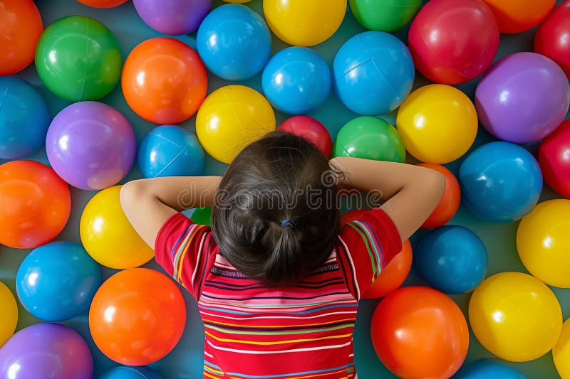Kid Lying on Back Surrounded by Multicolored Plastic Balls Stock Image ...