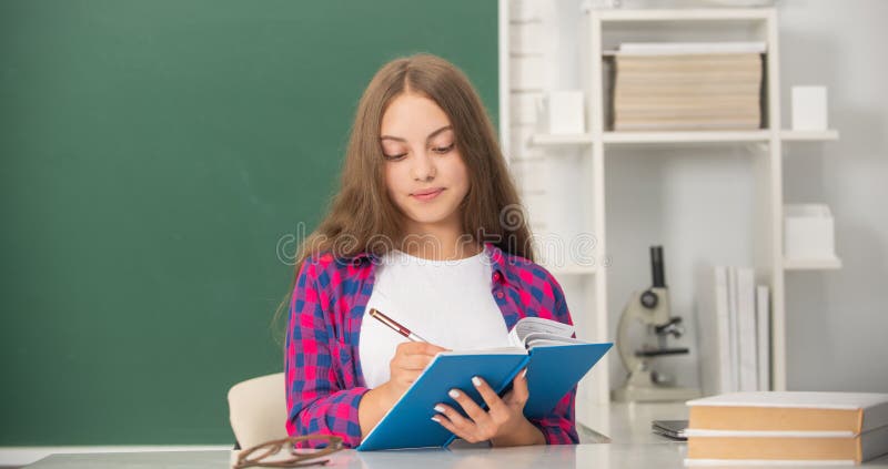 Kid Making Notes in Copybook in Classroom at Blackboard, Erudition ...