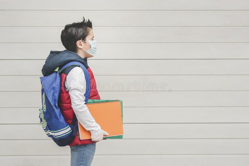 Kid with Medical Mask and Backpack Going To School Stock Photo - Image ...