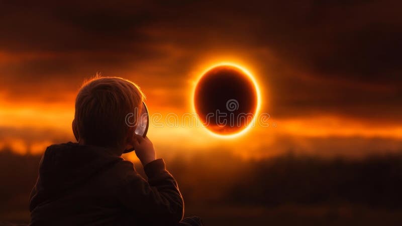 A Kid Observing Solar Eclipse through Magnifying Glass in a Dramatic ...