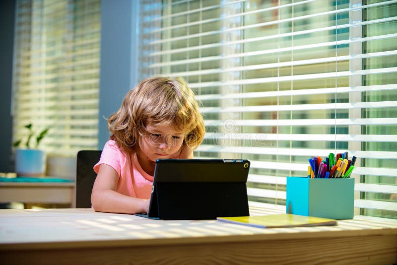 Kid at Online School, Home Schooling. on-line Remote Learning Stock ...