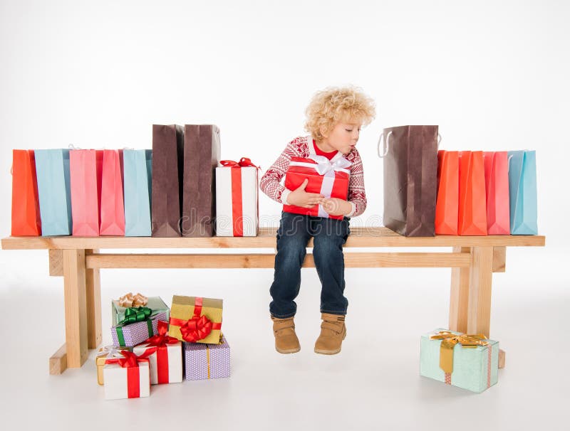 Kid with Pile of Gift Boxes Stock Photo - Image of blonde, merry: 88128410