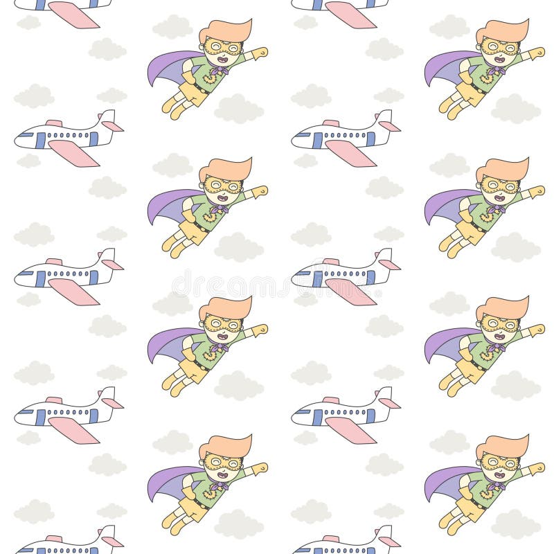 Kid and Plane Fly Seamless Pattern. Superhero Boy Illustration Stock ...
