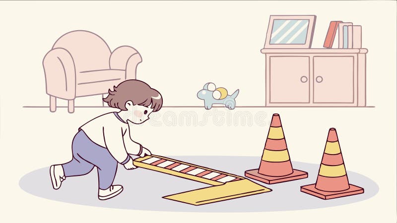 Kid Playing with Cones and Stick, Creative Indoor Play Props Vector ...