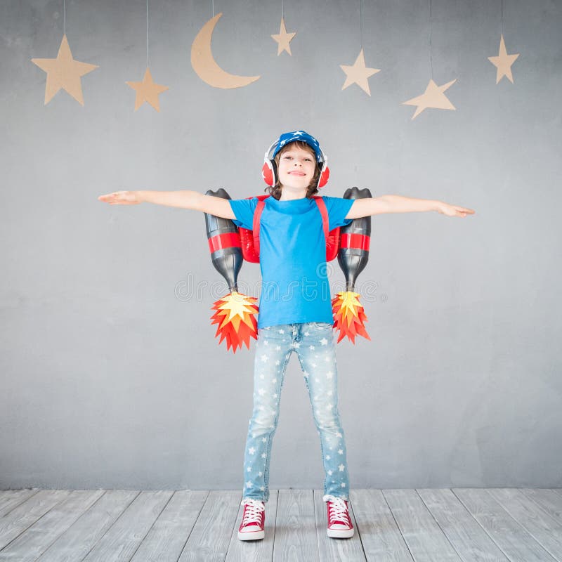 Kid Playing with Jet Pack at Home Stock Image - Image of concept, space ...
