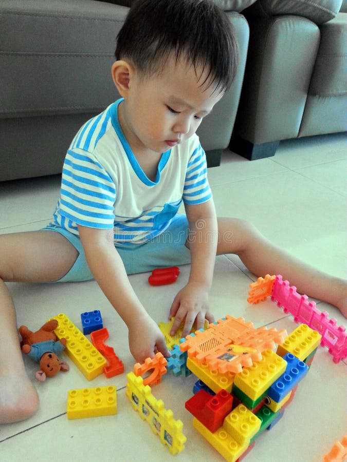 Little Cute Preschooler Boy Playing Lego Toys at Home Happy Smiling ...