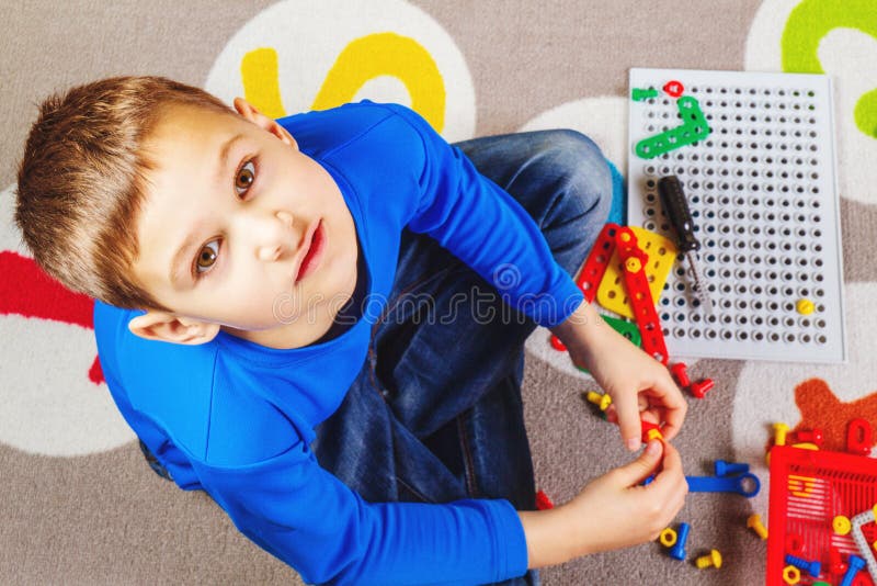 Kid Playing with Toys Tool Kit .Top View Stock Image - Image of plastic ...