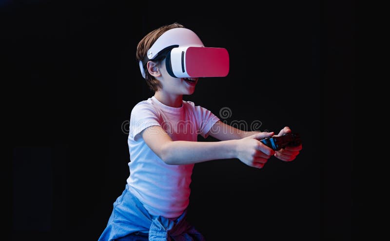 Kid Playing Virtual Reality Game with VR Headset Stock Photo - Image of ...