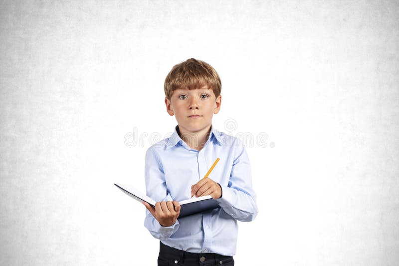 Kid Portrait Taking Notes on Copy Space Grey Concrete Background Stock ...