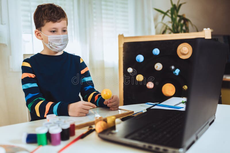Kid with Protective Mask Presenting His Science Home Project - the ...
