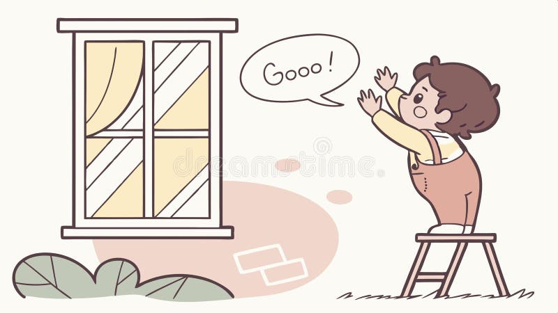Kid Reaching for Window Handle, Opening Window and Fresh Air Vector ...