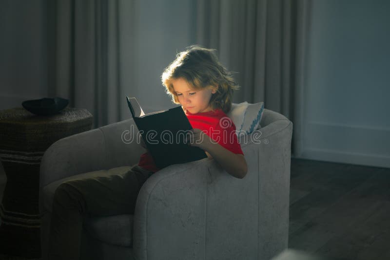 Kid Read Book at Home. Schoolboy with Book. Stock Photo - Image of ...