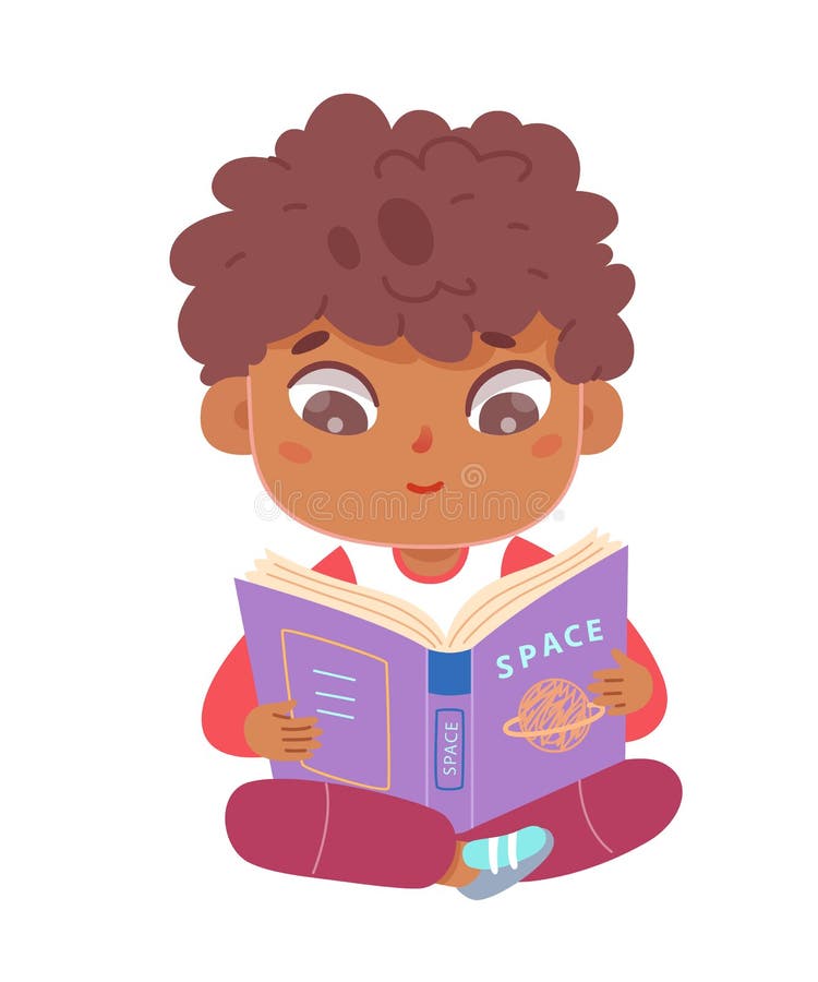 Kid Reading Book about Outer Space and Planet from Library, Boy Sitting ...