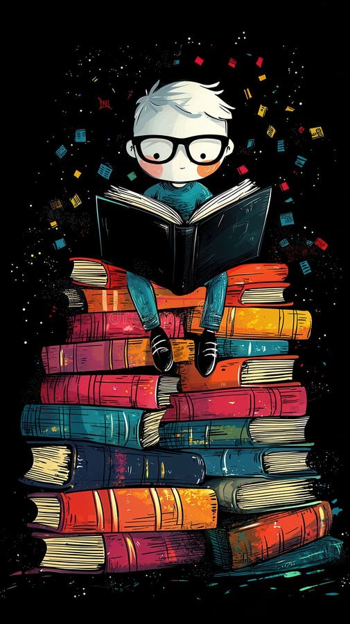 Kid Reading a Book Sitting on Colorful Books with Floating Particles ...