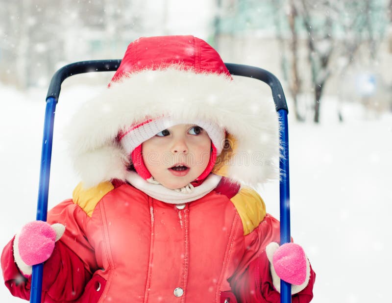 The Kid in Red Jacket Winter. Stock Photo - Image of park, beautiful ...