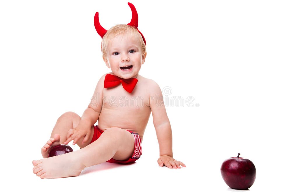 Kid in Red Suit of Tempting Devil Stock Photo - Image of horns, crafty ...