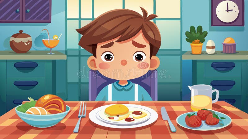 A Kid Refusing To Eat Breakfast Looking Unhappy with a Little Bit of ...