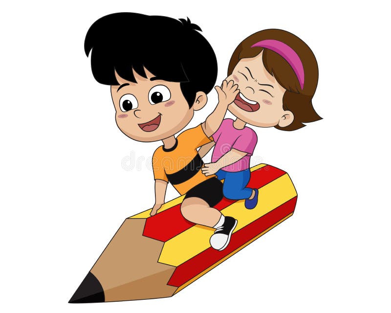 Kid riding a big pencil. stock vector. Illustration of riding - 98741009