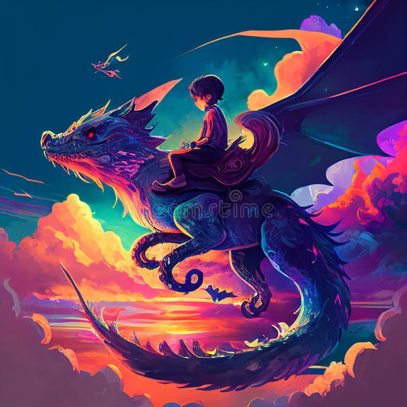 Kid Riding a Magical Dragon Stock Illustration - Illustration of ...