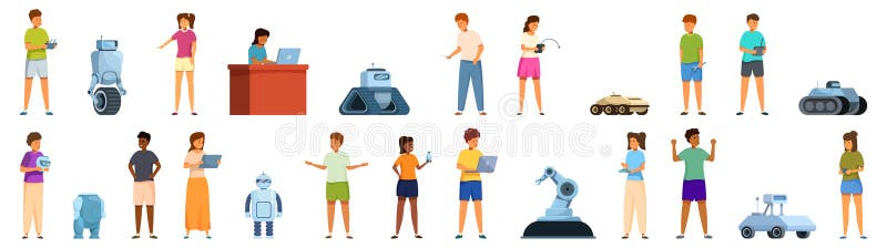 Kid Robot Class Icons Set Cartoon Vector. Engineering Data Stock Vector ...