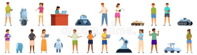 Kid Robot Class Icons Set Cartoon Vector. Engineering Data Stock Vector ...
